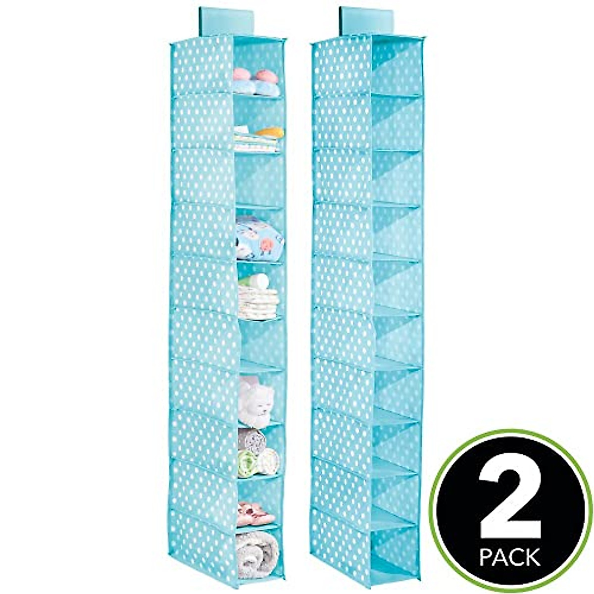 mDesign Soft Fabric Over Closet Rod Hanging Storage Organizer with 10 Shelves for Child/Kids Room or Nursery - Polka Dot Print - 2 Pack - Turquoise Blue with White Dots