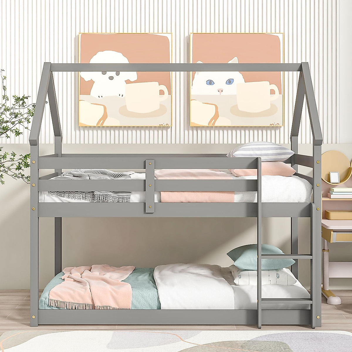 AnwickNomo Twin Over Twin Low Loft Bed, Wood Bunk Bed with House Shape and Full-Length Guardrail, Kids Bed for Boys Girls and Teens, Space-Saving, Solid Wood Frame, No Box Spring Needed (Grey)