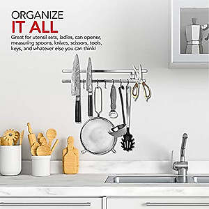 Modern Innovations (16 Inch) Stainless Steel Metal Magnetic Knife Holder, Wall Mount Double Bar with 8 Hooks - Multipurpose Knife Magnetic Strip, Utensil hanger, and Kitchen Storage Rack Magnet