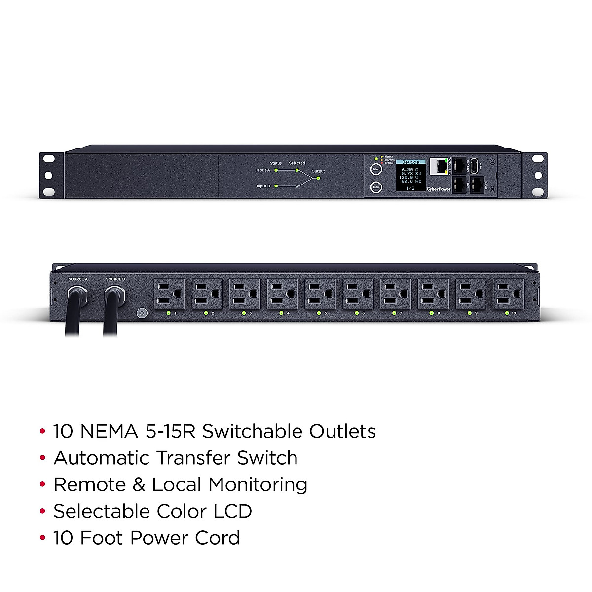 CyberPower PDU44001 Switched ATS PDU, 100-120V, 15A (Derated to 12A), 10 Outlets, 1U Rackmount