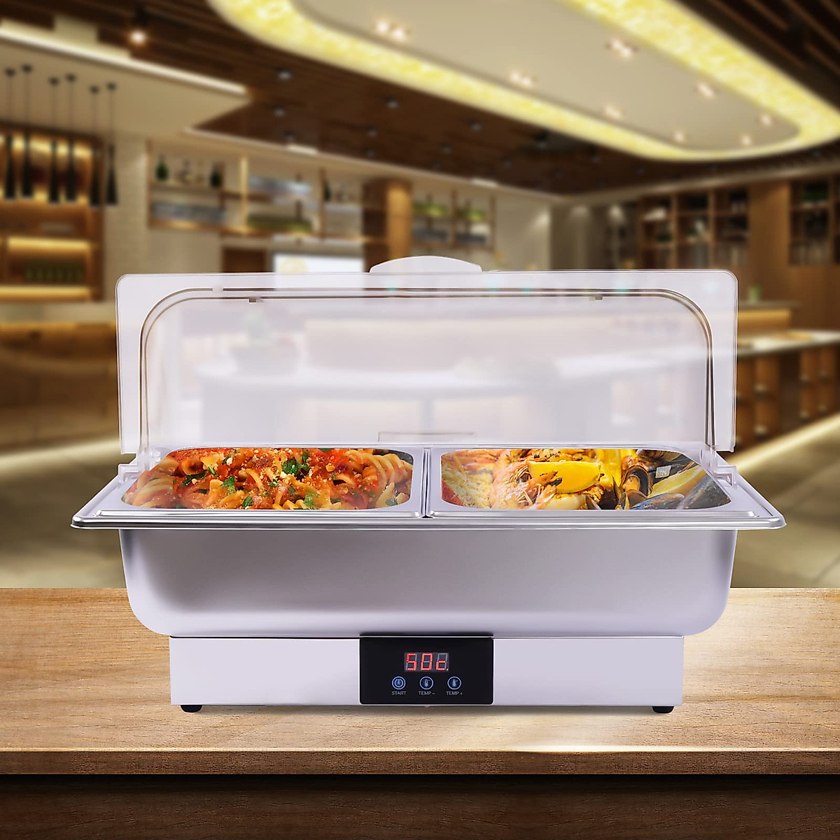 Chafing Dish Buffet Set Two Food Trays, Electric Chafing Dish with Roll-Open Lid Temperature Adjustable, Chafing Server Set Chafer for Parties, Catering Events, Restaurants