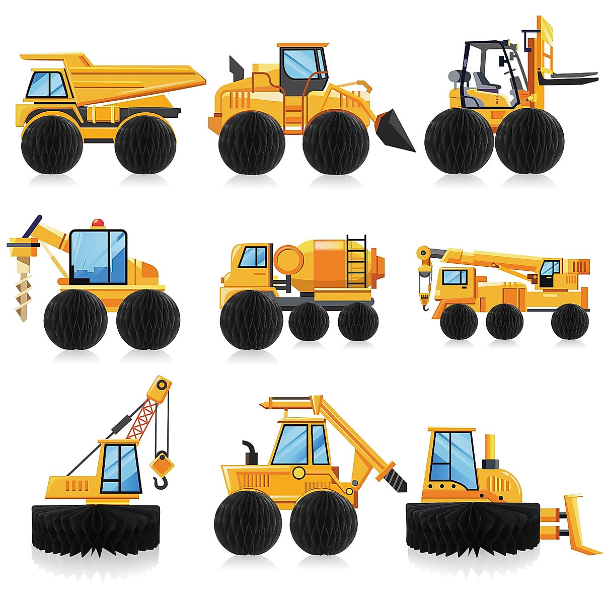 Justforjoyful 9PCS Construction Birthday Party Supplies Construction Honeycomb Centerpieces Construction Car 3D Table Toppers Dump Truck Party Decors for Kids Boys Baby Shower Birthday Party Favors