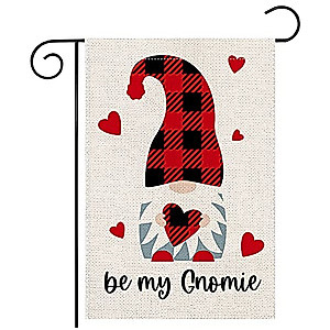 Lucleag Valentine’s Day Garden Flag, Double Sided Burlap Cute Valentines Gnome Heart Garden Flag for Valentine Day Decor, Sweet Be My Gnomie Valentines Outdoor Garden Yard Decoration Flag, 12.5x18 in