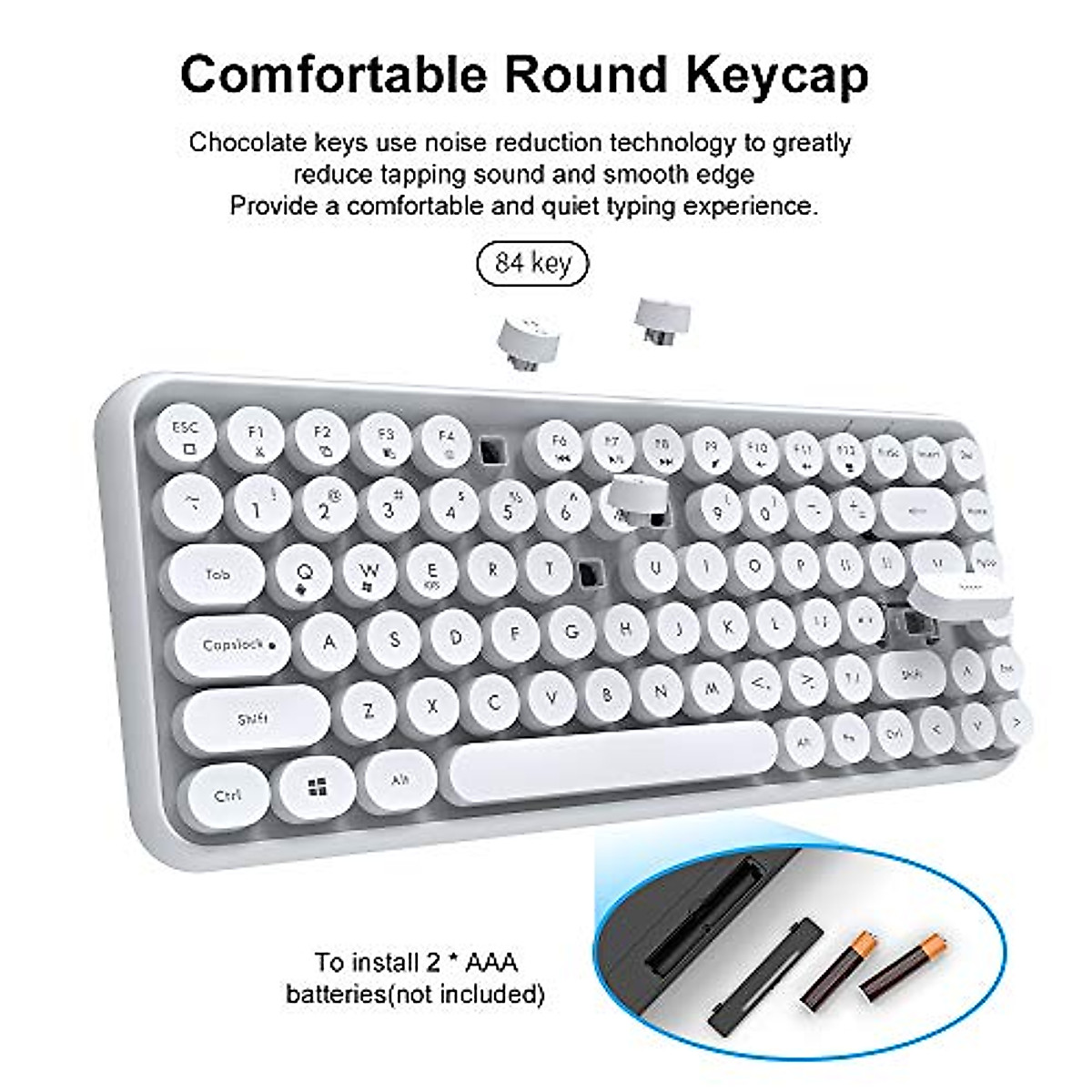 NACODEX 308I Wireless Bluetooth Keyboard, Compact 84 Keys Retro Round Keycaps Mini Keyboard, Portable Computer Keyboard with Quiet Chocolate Keys for Windows/iOS/Android (White)