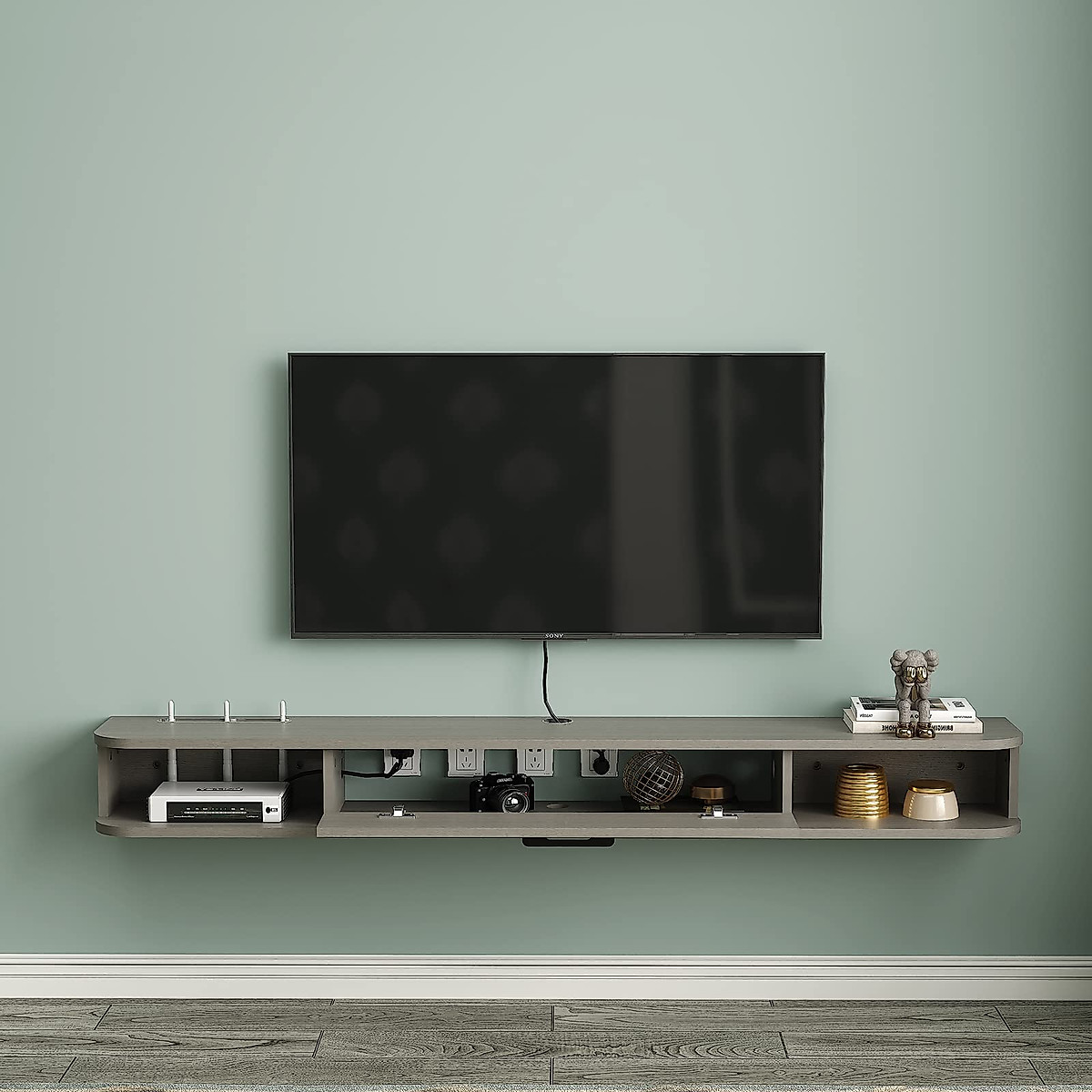 Pmnianhua Floating TV Stand,70'' Wall Mounted Floating TV Shelf for TVs up to 75 inches, Floating TV Wall Unit with Shelves for Gaming Consoles Small Spaces Apartments,Bedrooms (Light Grey Oak)