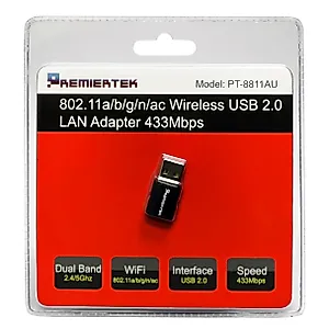 Premiertek 802.11a/b/g/n/ac Dual Band 2.4GHz/5GHz Wireless USB 2.0 LAN Adapter up to 433Mbps (PT-8811AU)