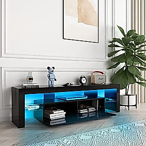 LMEREODY Modern LED TV Stand for 55/60/65/70/75+ inch TV, High Glossy Entertainment Center with LED Lights, Gaming Media Console TV Stand with Storage, Black Wood TV Table for Living Room, Bedroom