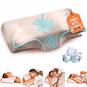 Noum Cervical Neck Pillow | Pillow for Back & Side Sleepers | Pillow for Neck & Shoulder Pain, Reduced Snoring, Facial Symmetry | Contour Orthopedic Ergonomic Memory Foam w/Satin Pillowcase