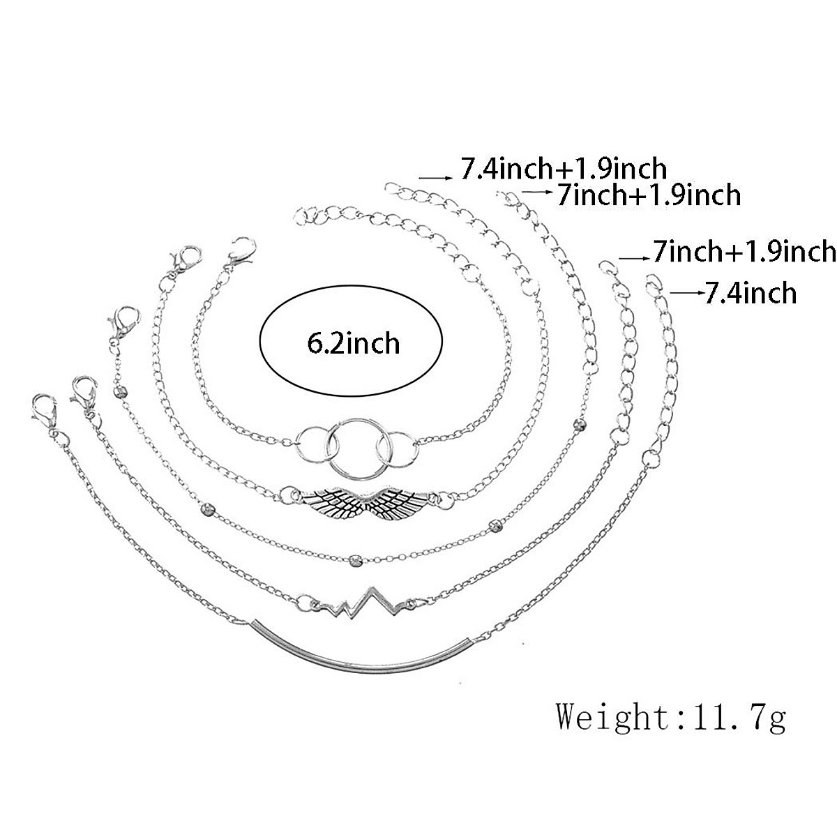 Aluinn Silver 5pcs Bracelet Boho Beaded Ecg Fashion Party Hand Chain Ring Combination Bracelets for Women