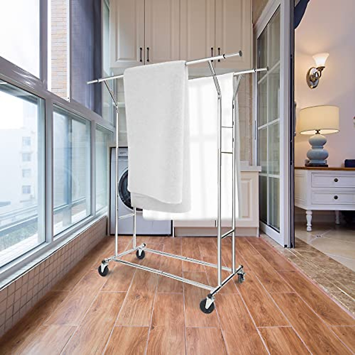 ALUPOM Extendable Double Rod Clothing Rack on Wheels, Heavy Duty Rolling Commercial Garment Rack, Chrome Clothes Rack for Hanging Clothes