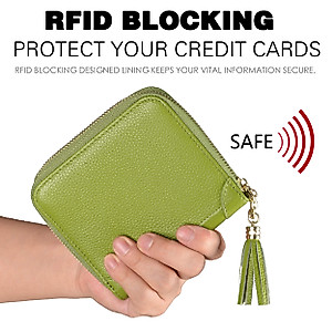Easyoulife Womens Credit Card Holder Wallet Zip Leather Card Case RFID Blocking (Green)