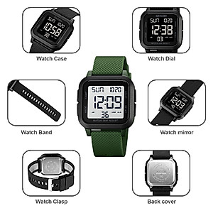 Forrader Mens Sport Digital Watches, Waterproof Outdoor Sport Watch with LED Backlight/Alarm/Countdown Timer/Dual Time/Stopwatch/12/24H Wrist Watches for Men Women Teenager, White/Green, strap