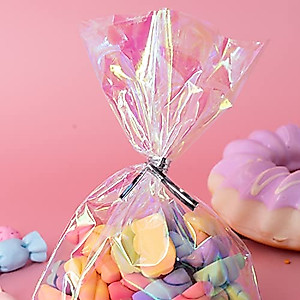 100pcs Cellophane Treat Bags, 4"x6" Iridescent Holographic Goodie Bags, Candy Bags Party Favors Bags with Twist Ties for Birthday Wedding Halloween Christmas, Valentines (4 x 6 inches (Pack of 100))