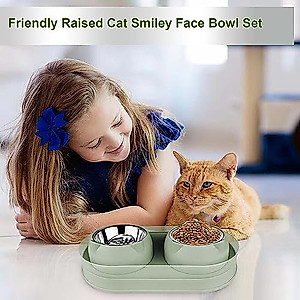 KEVIDEAWL Elevated Cat Food Bowls, Raised Cat Bowl with Stand Stainless Steel, Tilted Cat Bowls Anti Vomiting, Double Cat Food and Water Bowl Set for Cats (Green)