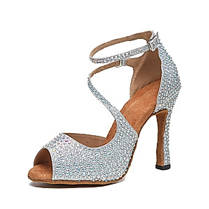 Minishion Ankle Strap Dance Shoes Sparkle Wedding Party Heels with Crystals L522 Silver US 9.5