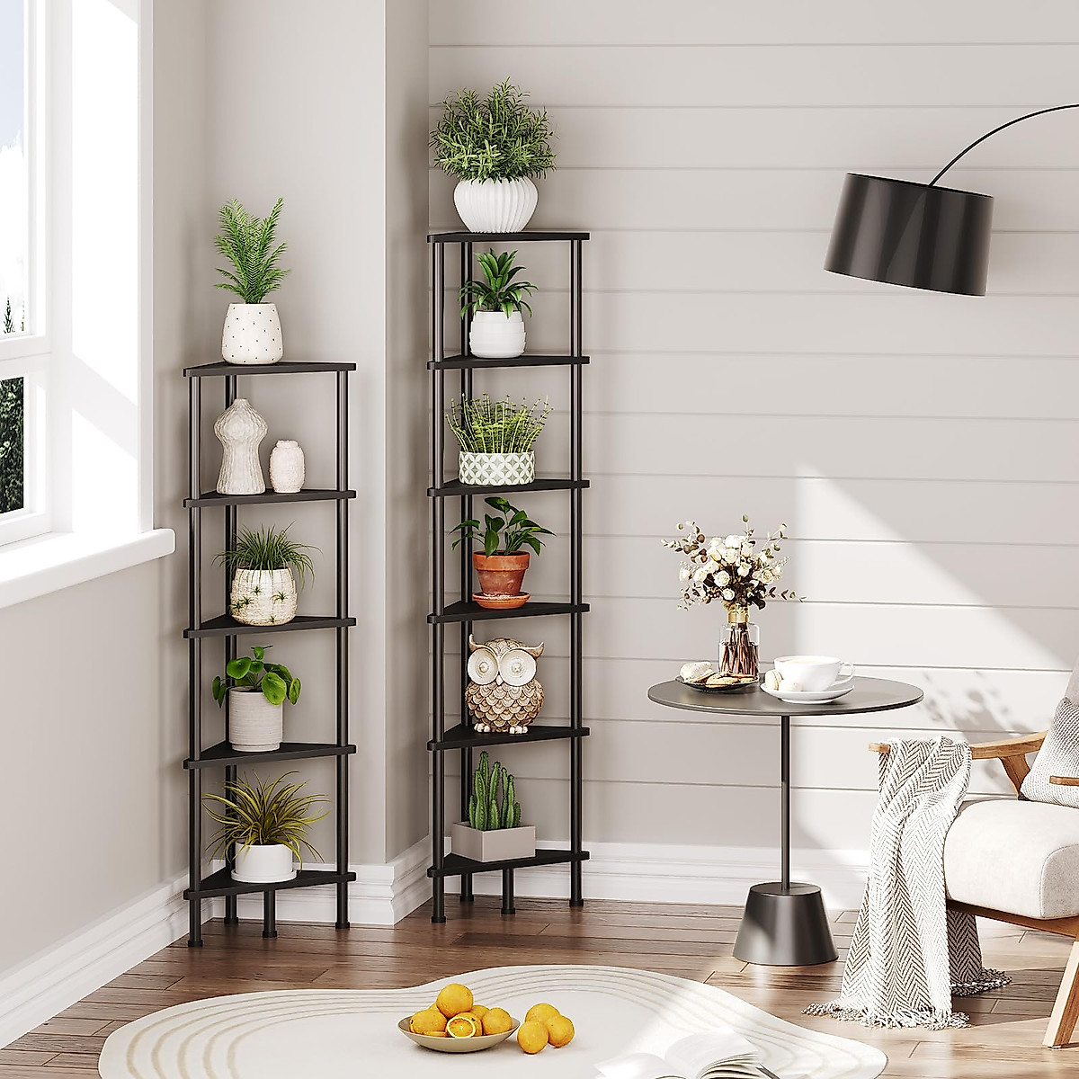 HOOBRO Corner Shelf Stand, Industrial 6-Tier Corner Bookshelf with Metal Frame,Corner Bookcase, Corner Plant Display Stand for Small Spaces, Living Room, Black BK36CJ01