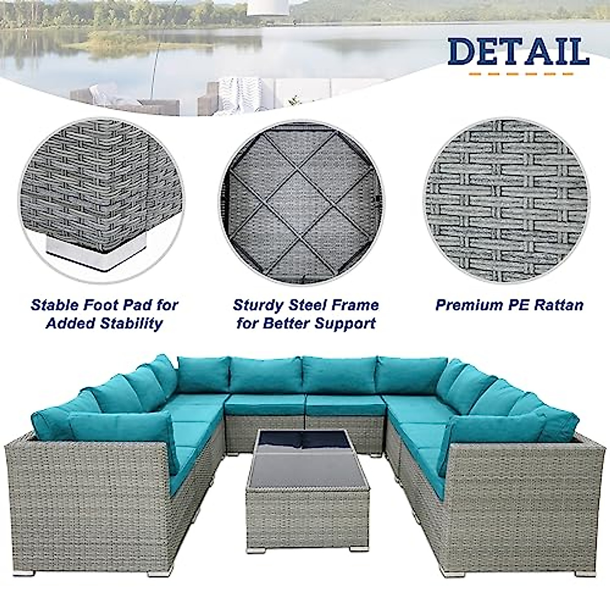 EAGLE PEAK 12 Piece Outdoor Wicker Patio Furniture Set with 2 Coffee Tables, PE Rattan Sectional Conversation Sofa Set with Seating for 10 People, Light Blue