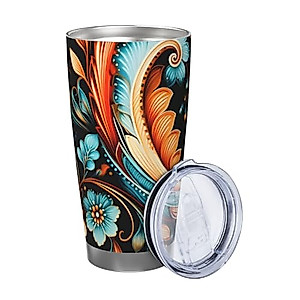 AYCZN Ethnic Feather 20 OZ Tumbler Stainless Steel Travel Coffee Mug, Vintage Flower Floral Insulated Water Bottle with Lid and 2 StrawsLeakproof Thermal Cup