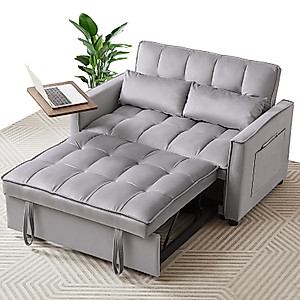 Rovibek 3 in 1 Sleeper Sofa Couch Bed Pull Out Sofa Bed Convertible Futon Loveseat Velvet 2 Seat Lounge Grey for Living Room, with Adjustable Backrest 2 Pillows Side Table