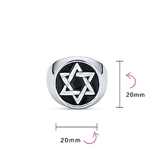Bling Jewelry Personalize Large Statement Religious Magen Judaic Hanukkah Star of David Bar Mitzvah Round Signet Band Ring for Men Enamel Silver Tone Stainless Steel Custom Engraved