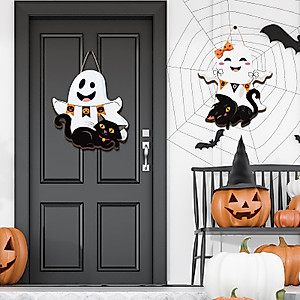 Leinuosen 2 Pcs Halloween Ghost Witch Door Sign Boo Decorations Happy Halloween Front Door Hanger Wreath Decor Black Cat Pumpkin Wooden Hanging Sign for Halloween Party Supplies(Ghost)