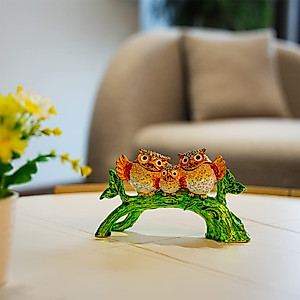 YU FENG 6.9inch Hand-painted Enamel Owl Family On Branch Figurine Trinket Box Collectible Hinged Jewelry Organizer Ring Earrings Storage Unique Home Decor Gift