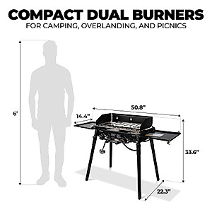 Outland Living 2 Burner Camp Stove with Dual Ring Flame Control - Princeton Portable 2 Burner Propane Gas Stove for Outdoor Cooking with Dual Integrated Lids, Removable Wind Fence and Legs