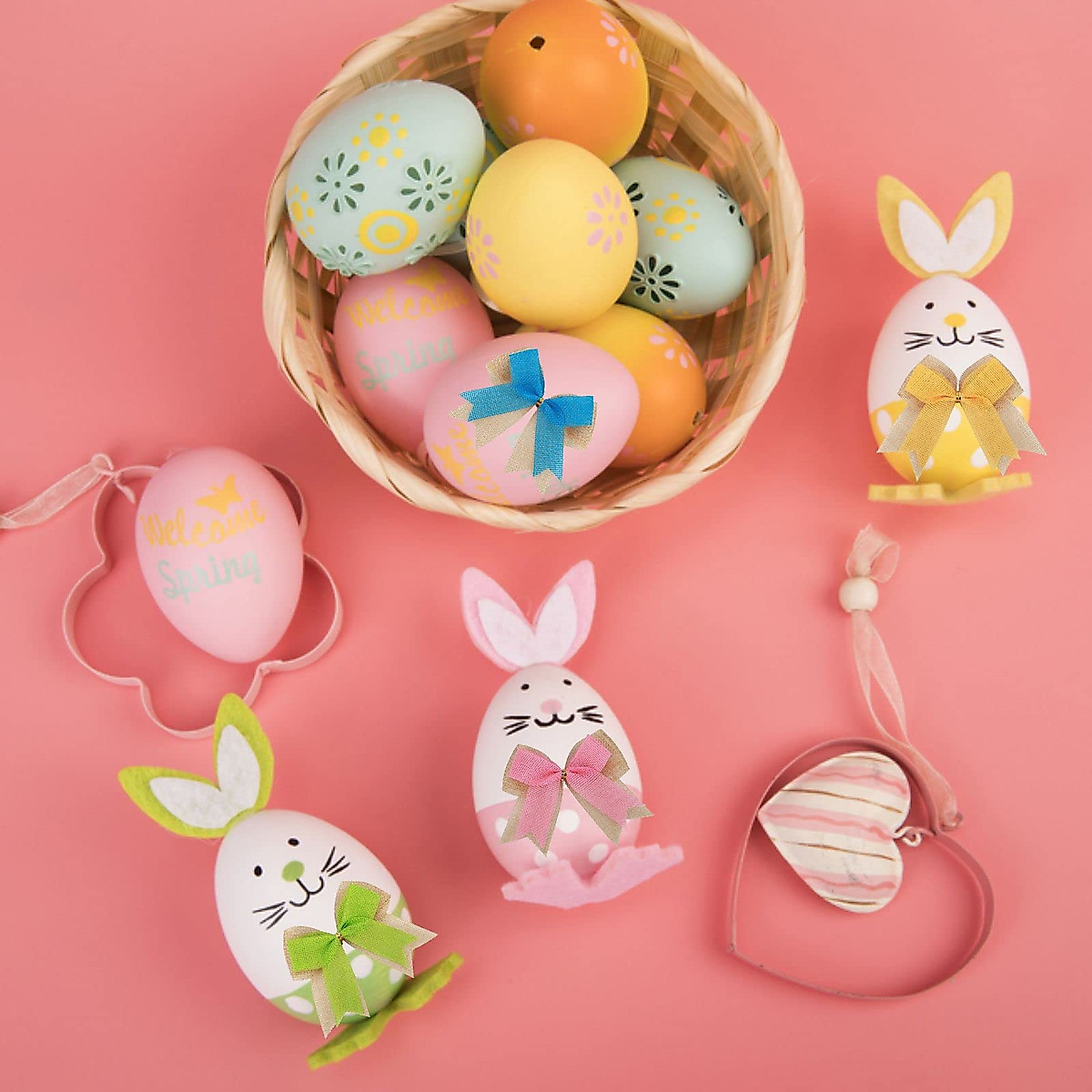 Meseey 12 Pcs Easter Burlap Bows 4 Inch Pink/Yellow/Blue/Grenn Spring Bow for Holiday Spring Wreath DIY Crafts Home Decoration (Spring)