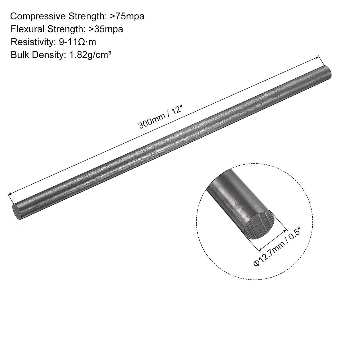 PATIKIL Graphite Rod Graphite Stirring Rod Cylinder Stick Carbon Rod 300x12.7mm Black for Electrode, Melting Casting, Crucibles, Pack of 2