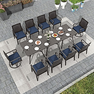 RTDTD 13 Pieces Outdoor Dining Set Patio Dining Table and Chairs Set Outdoor Furniture Set with 3 Square Metal Dining Tables with Umbrella Hole，10 Wicker Patio Chairs with Dark Blue Cushions