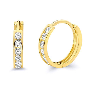 14k REAL Yellow Gold 2mm Thickness CZ Channel Set Hoop Huggie Earrings (12 x 12 mm)