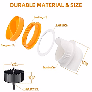 RTOSY DIY Chicken Feeder Port, 6 Pack No Waste Poultry Feeder Kit with Caps & Hole Saw, Rain Proof DIY Automatic Chicken Feeders for Buckets, Barrel, Bins (6 Ports & 1 Hole Saw)
