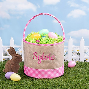 Personalized Easter Bucket Bag with Custom Cursive Name | Pink Plaid Burlap Easter Bag with Handle | Egg Basket for Kids | Customized Easter Basket | Great for Book and Toy Storage