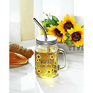 Sunflower Mason Jar Mug with Lid and Straw 16oz Glass Tumbler with Handle Bottle Set for Iced Coffee Smoothie Boba Milk Tea Juices Travel Hello Sunshine Wedding Thanksgiving Christmas Bridesmaid Gift