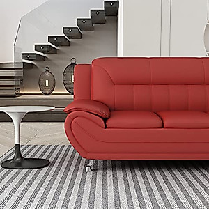 Container Furniture Direct Michael Modern Faux Leather Upholstered Stainless Steel Legs Living Room, Sofa, Persian Red