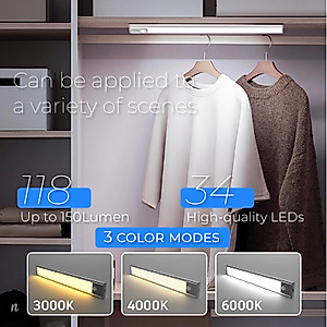 Led Under Cabinet Lights Motion Sensor 3 Colors and Dimmable 34-LEDs Kitchen Under Cabinet Lighting Wireless 1200mAh USB-C 8.46-inch Led Closet Light for Wardrobe, Stairs, Hallway[2 Pack]