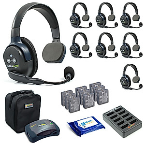 Eartec HUB8S Ultralite Full Duplex Wireless Headset Communication System for 8 Users – 8 Single Ear Headsets, HUB Transceiver with SolidSignal Cleaning Wipes Bundle