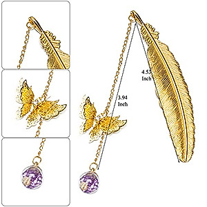 Renaelelife Metal Feather Bookmarks, 2Pack of Vintage Book Marks with 3D Butterfly and Dried Flower Glass Bead Pendant, Wrap Cute with Gift Box, Gifts for Book Lovers Women Men Kids (Gold + Gold)