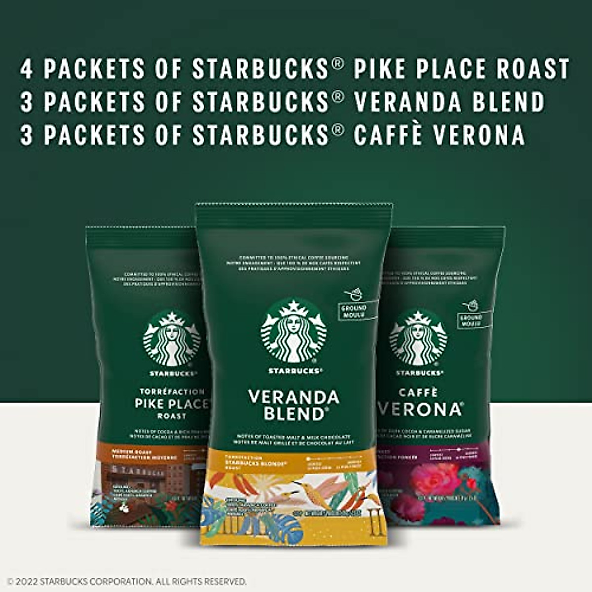 Starbucks Ground Coffee Variety Pack—Dark, Medium, Starbucks Blonde Roast—100% Arabica—10 Packets (2.5 oz each)
