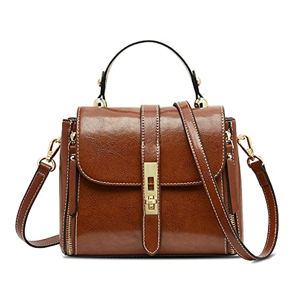 Cowhide Small Handbags for Women Satchel Shoulder Bags, Ladies Cow Purses with Handle Crossbody Bags for Women Mini Tote (Brown)