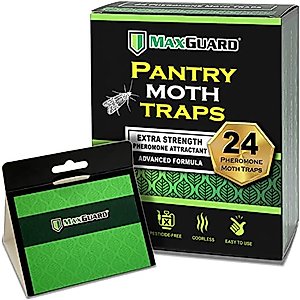 MaxGuard Pantry Moth Traps (24 Pack) with Extra Strength Pheromones | Non-Toxic Sticky Glue Trap for Food and Cupboard Moths in Your Kitchen | Trap and Kill Seed Grain Flour Meal Moths Pests |