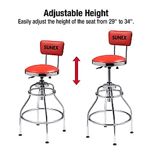 SUNEX TOOLS 8516 Hydraulic Shop Stool, High-Polished Chrome Finish, Hydraulic Seat Adjustment, Vinyl Padded Adjustable Seat and Backrest, Slip Resistant Feet, 250-Pound Capacity, Silver
