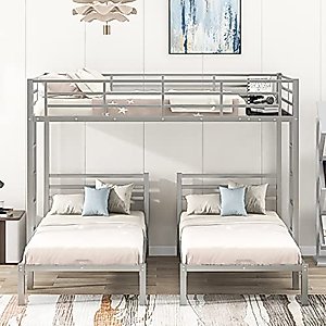 DEYOBED Full Over Twin & Twin Metal L-Shaped Triple Bed Bunk Bed with Built-in Shelf and 2 Ladders - Space-Saving and Organized Sleep Space for Kids, Teens, Adults