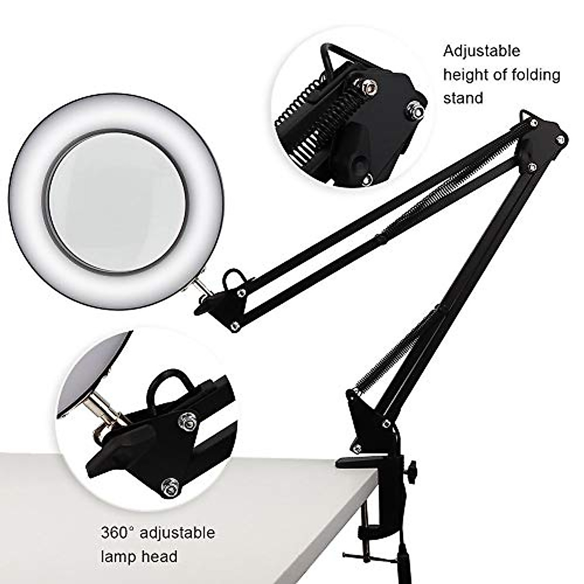 ZJchao Magnifier Lamp, 12w USB Clip on Table Lamp Foldable 5X Magnifying Glass LED Eye Caring Lamp for Reading Working Jewelry Makers Skincare Beauty(Black)
