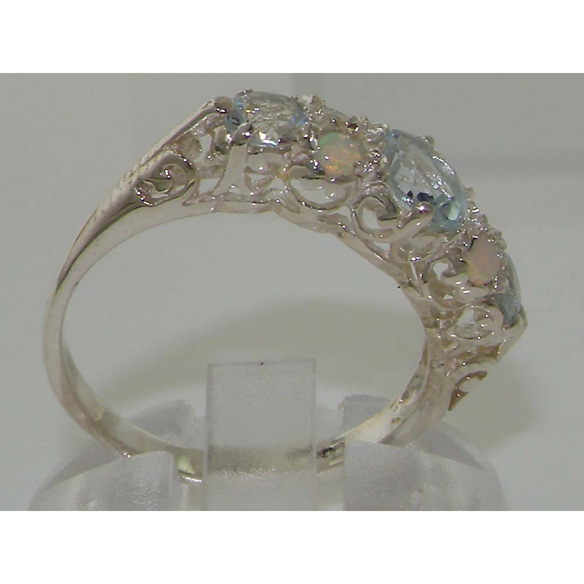 LetsBuyGold 925 Sterling Silver Natural Aquamarine and Opal Womens Band Ring - Sizes 4 to 12 Available