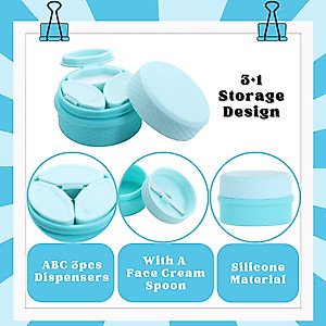 3 in 1 Travel Silicone Makeup Containers for Toiletries Shampoo Lotion Refillable Empty Jars with Spoon, Portable Cosmetic Case for Trinkets Pills, including 3 Dispensers & 1 Protective Box (Blue)