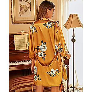 Shymay Women's Satin Pajamas Set Floral Robe and Night Dress 2Pcs Sleepwear Nightgown Set (Yellow, Small)