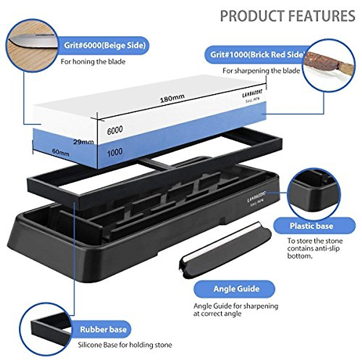 Knife Sharpening Stone Set,Whetstone Dual Sided 1000/6000 Grit Waterstone with Angle Guide Non Slip Rubber Base Holder, Knife Sharpeners Tool Kit for Kitchen Hunting (Blue + black)