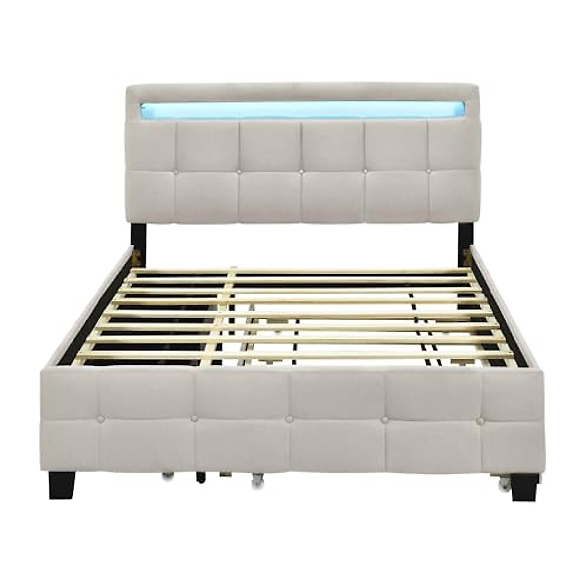 ATY Upholstered Queen Size Bed with Twin-XL Trundle and Two Drawers, Linen Fabric Platform Bedframe w/Lighting& Button Tufted Headboard, Save Space, 86.6" L X 64.6" W X 43.7" H, Beige