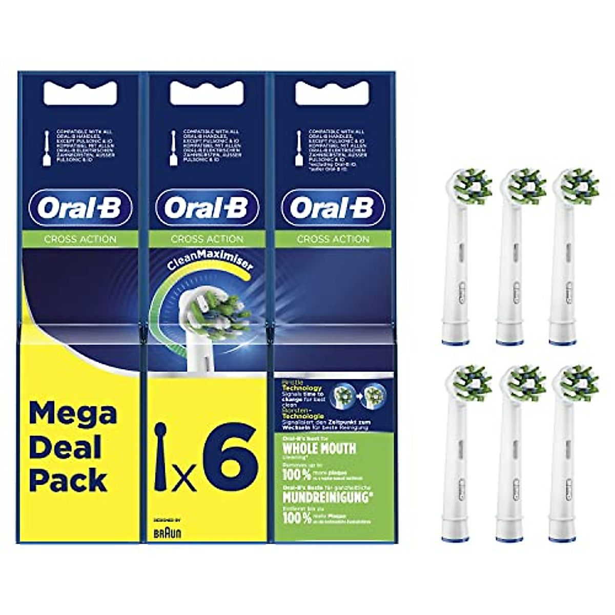 Oral-B Cross Action Electric Toothbrush Head with CleanMaximiser Technology, Angled Bristles for Deeper Plaque Removal, Pack of 6 Toothbrush Heads, White